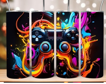 Gamer 20 Oz Skinny Tumbler Sublimation Design Neon Game Controller ...