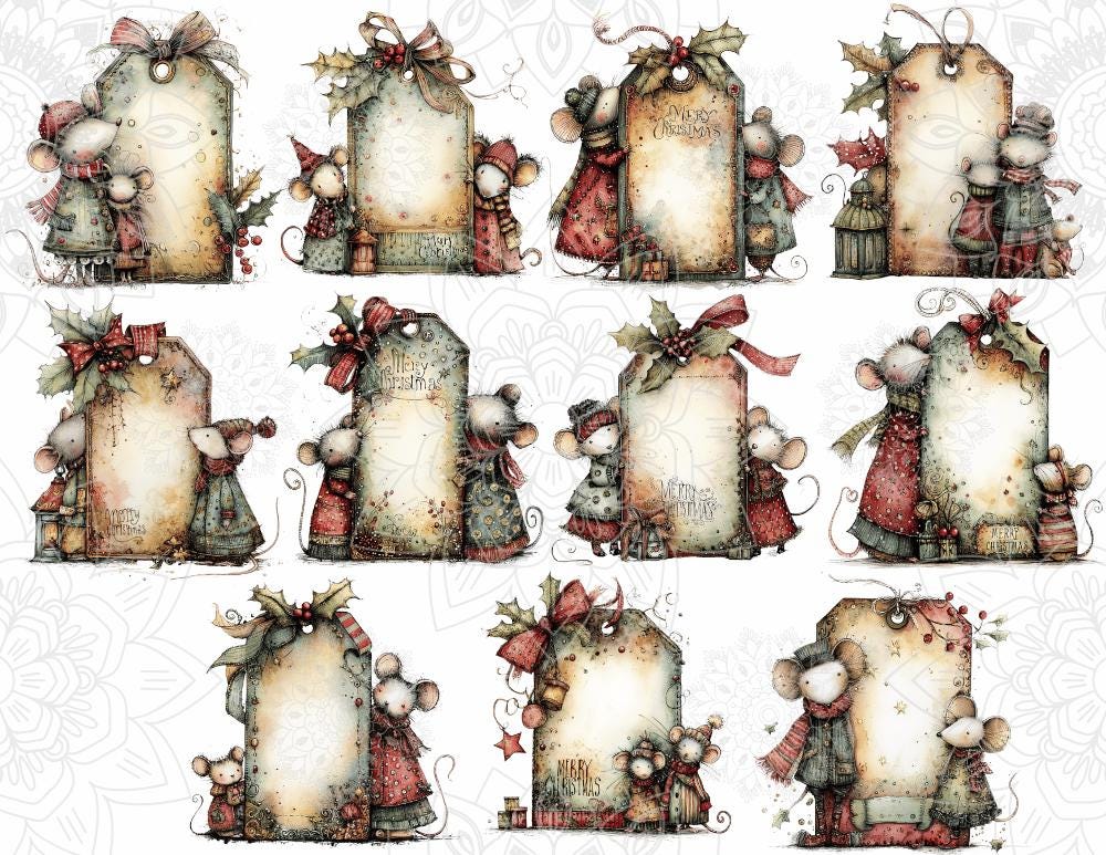 32 Christmas Vintage Whimsical Quirky Mice Gift Tags PNG Digital ...