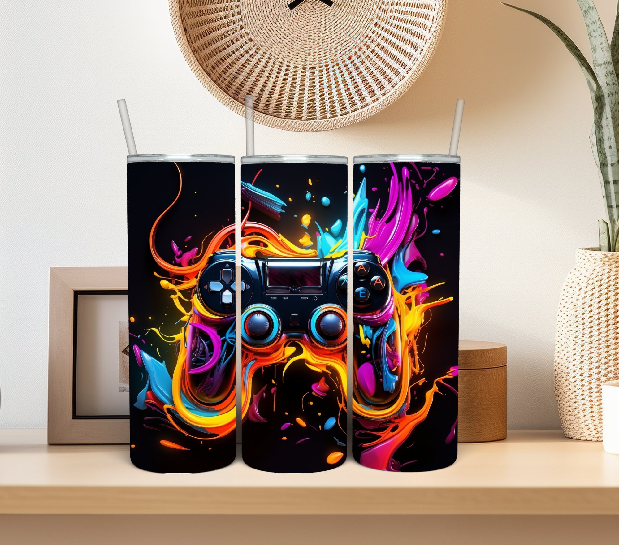 Gamer 20 Oz Skinny Tumbler Sublimation Design Neon Game Controller ...