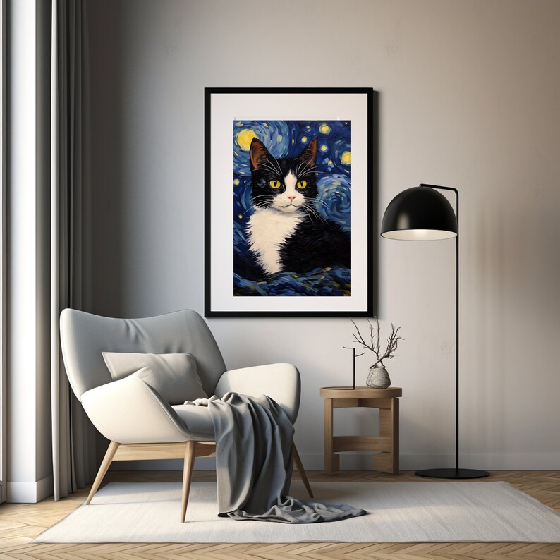 Tuxedo Cat Starry Night Poster Printable Black and White Tuxedo Cat ...