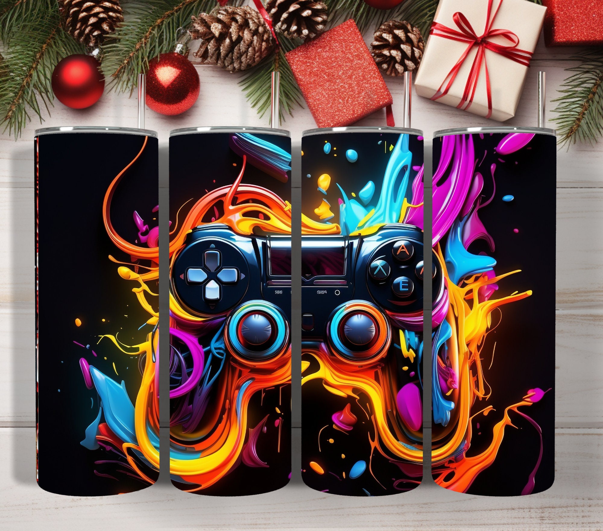 Gamer 20 Oz Skinny Tumbler Sublimation Design Neon Game Controller ...