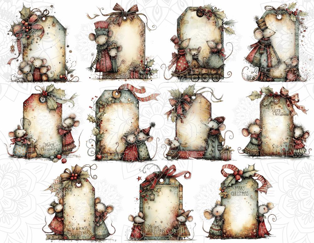 32 Christmas Vintage Whimsical Quirky Mice Gift Tags PNG Digital ...