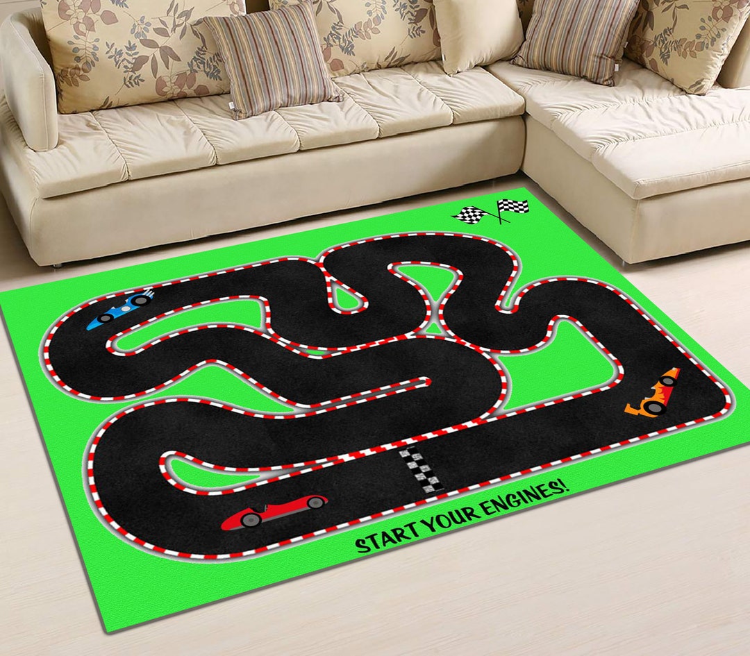 Race Car Rug, Green and Black Street Game, Car Rug,kids Room Rug,kids ...