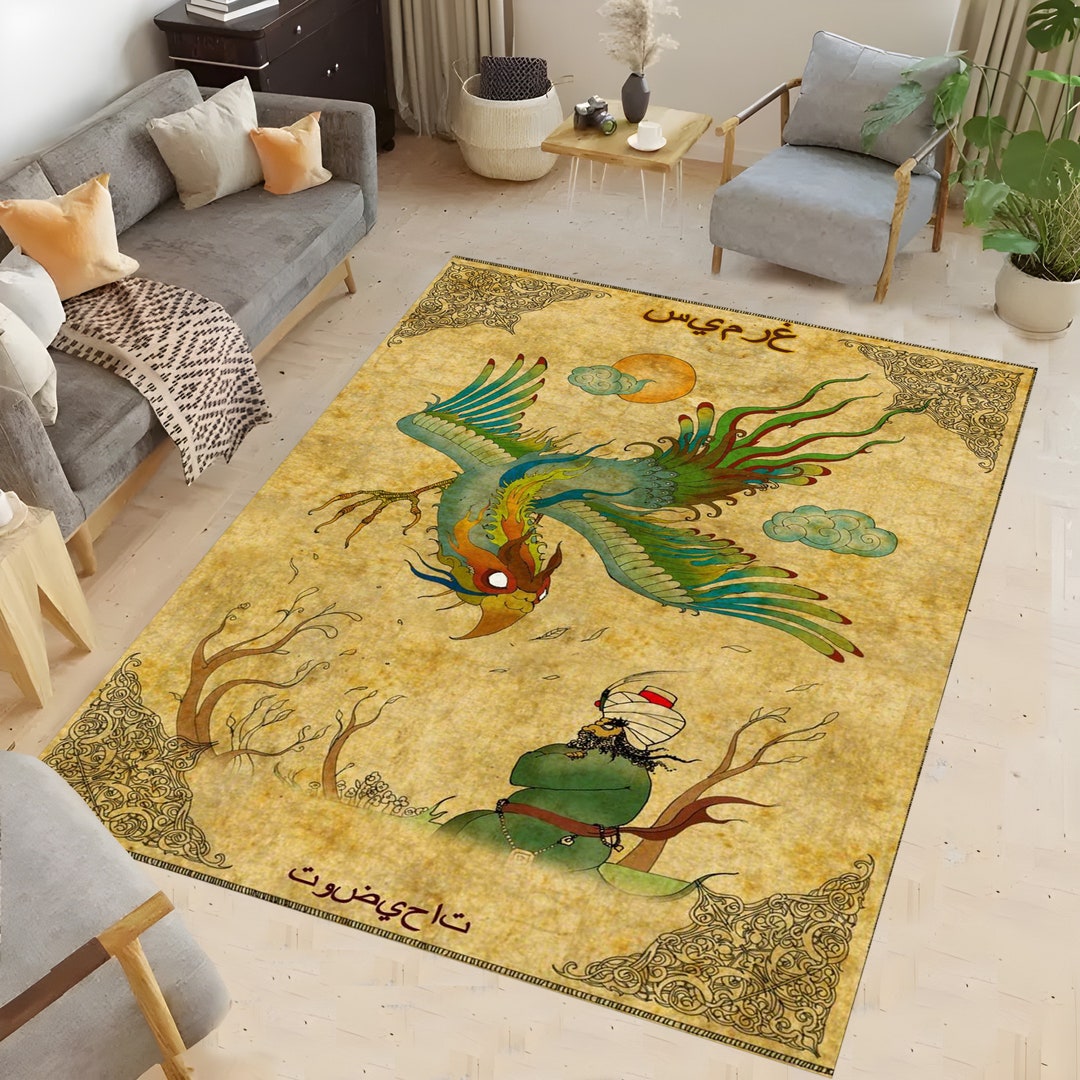 Arab Painting Rug, Islamic Motif Rug, Green Bird Rug, Living Room Rug ...