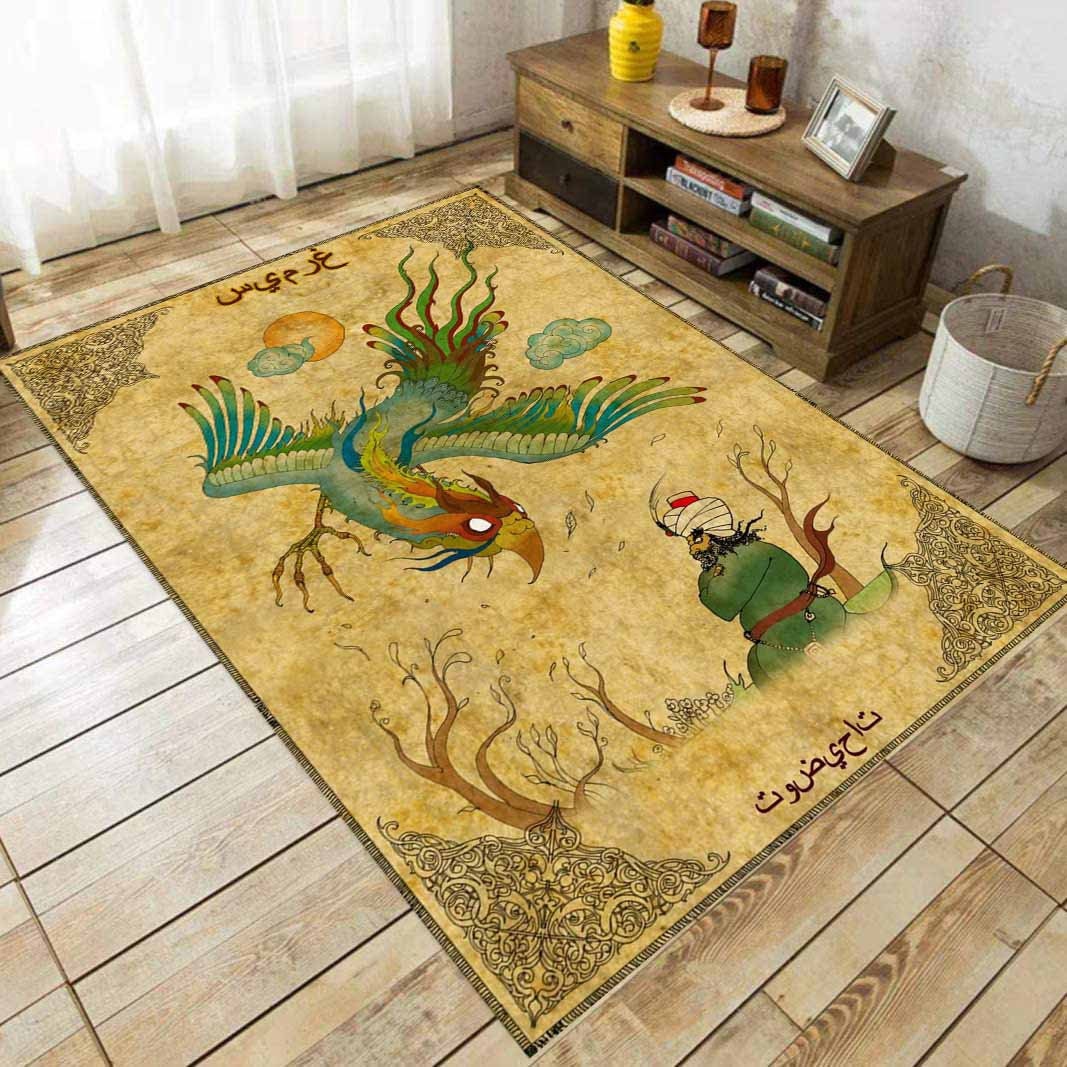 Arab Painting Rug, Islamic Motif Rug, Green Bird Rug, Living Room Rug ...