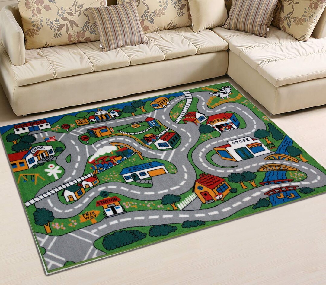 Race Car Rug, Gray and Green Street Game,car Rug, Kids Room Rug, Kids ...
