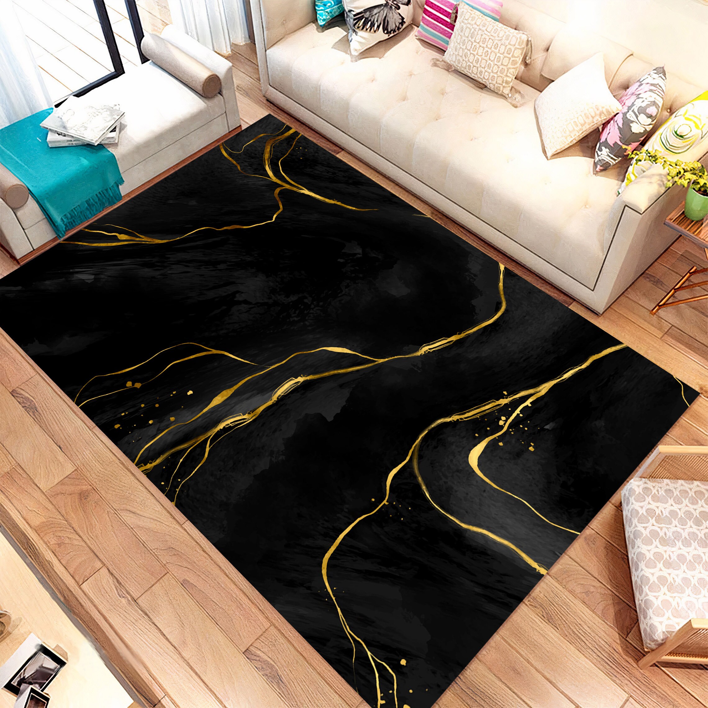 Marble Design Rug,marble Effect Rug,marble Black Gold Rug,marble Themed ...