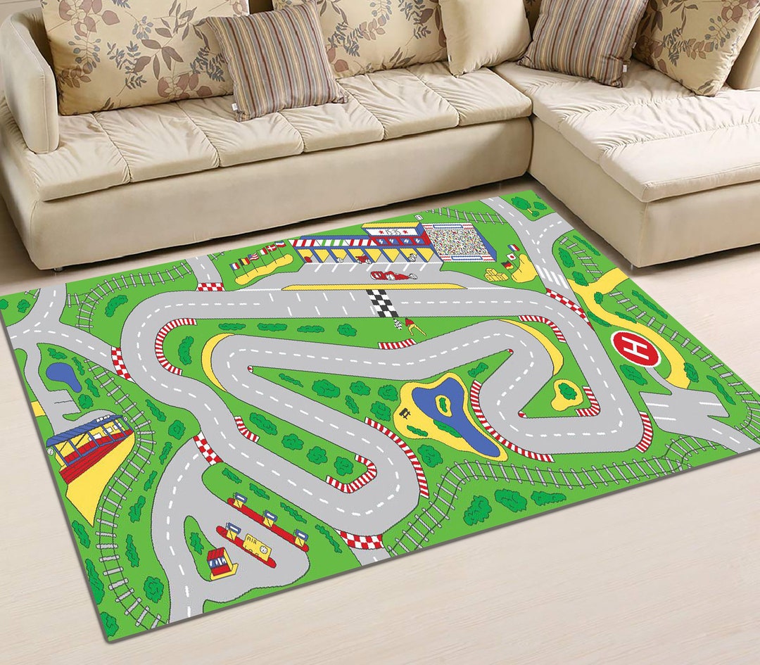 Race Car Rug, Gray and Green Street Game,car Rug, Kids Room Rug, Kids ...