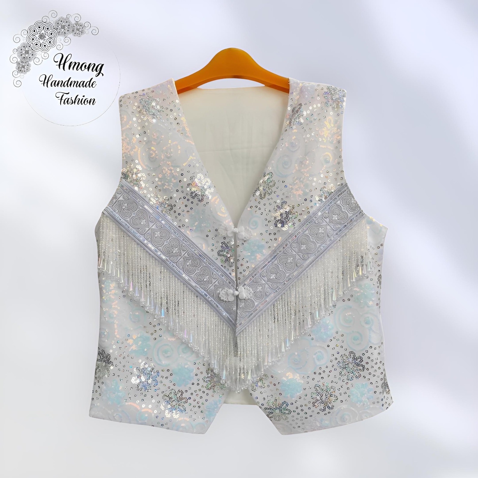 Embroidered Hmong Couple Outfit, White Wedding Hmong Dress & Men Vest ...