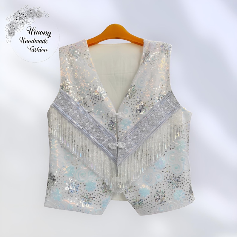 Embroidered Hmong Couple Outfit, White Wedding Hmong Dress & Men Vest ...