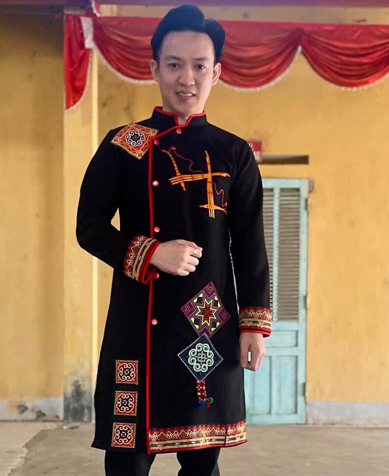 Hmong Outfit for Men Vintage Handmade Embroidered Jacket Hmong Ethnic ...