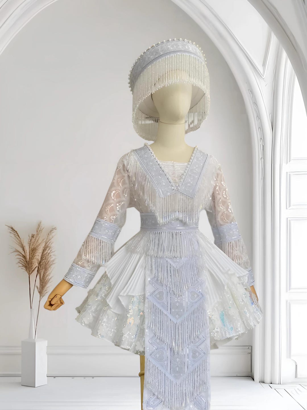 Hmong White Dress for Women, Ethnic Embroidered Hmong Clothes, Hill ...