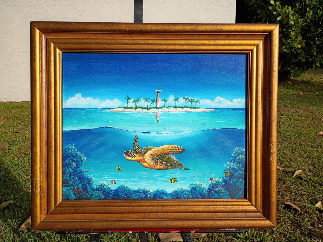Sea Turtle Below Dry Tortuga Lighthouse Original Acrylic on Canvas ...