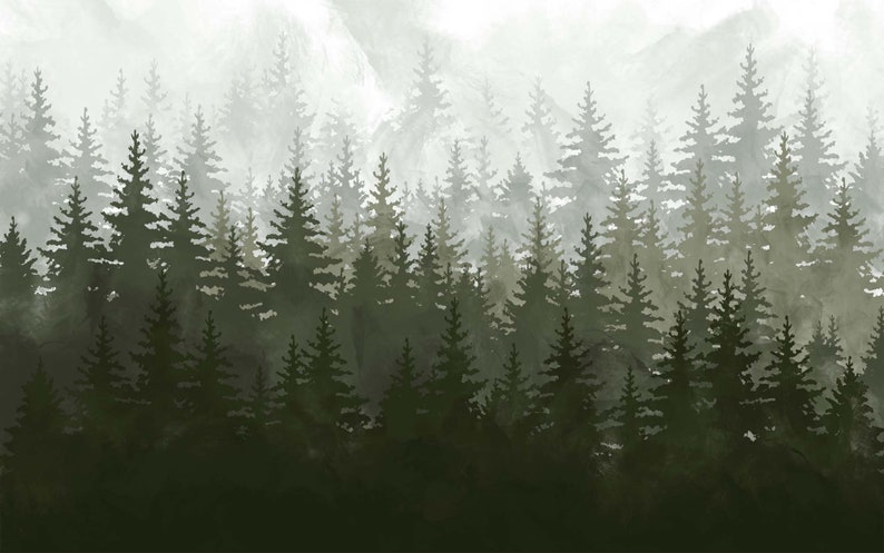 Watercolor Forest Wallpaper - Cedar Tree Wallpaper - Foggy Forest ...