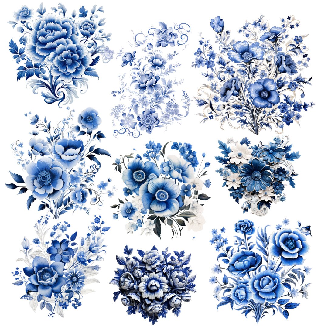 Blue Vintage Floral Clipart PNG Bundle, Digital Download for Crafts ...