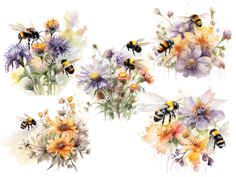 Watercolor Floral Bumble Bee Clipart Bundle, Wildflower Clipart, Pastel ...