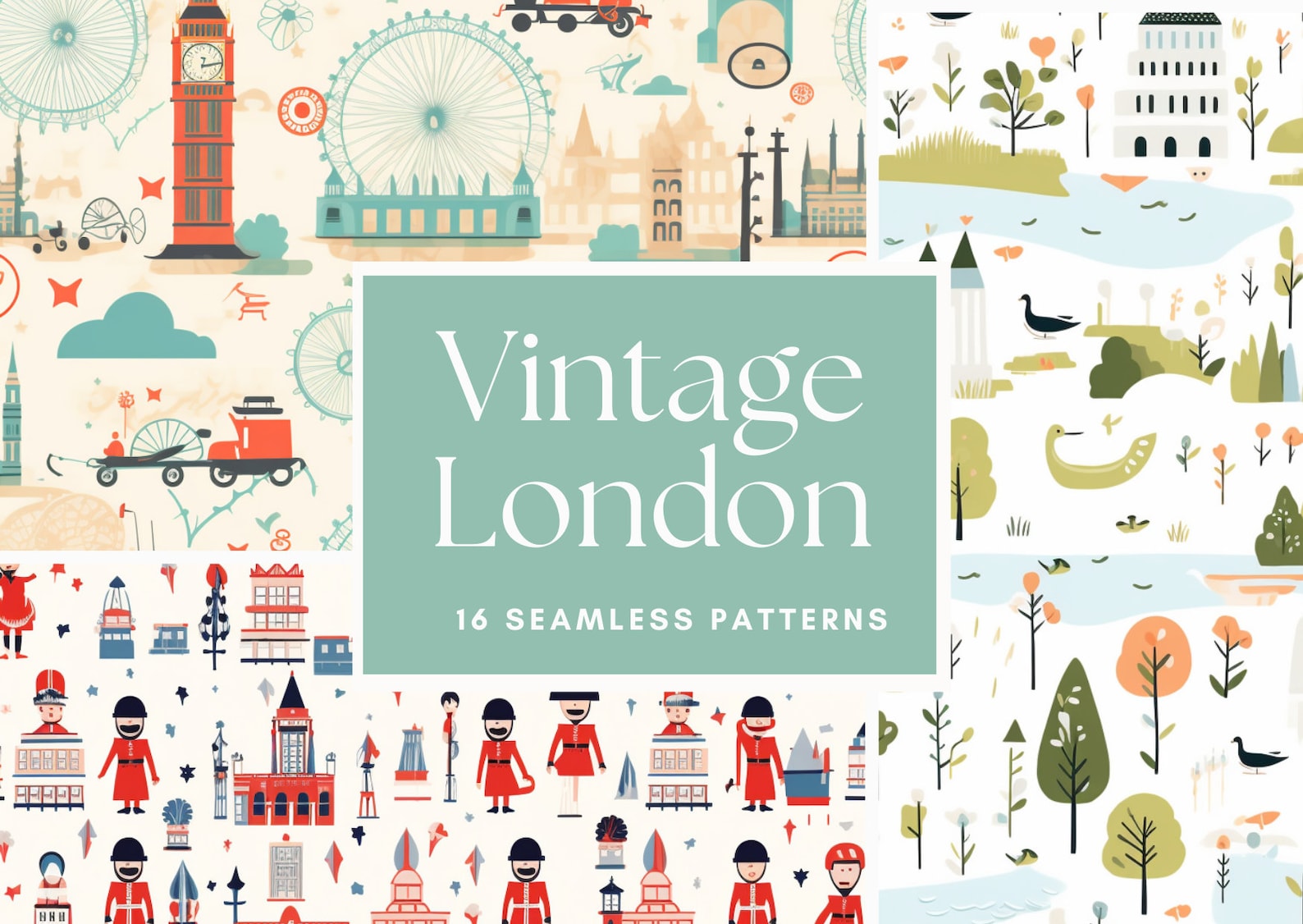 Printable VINTAGE LONDON PATTERNS in Minimalist, Hand Drawn Style ...