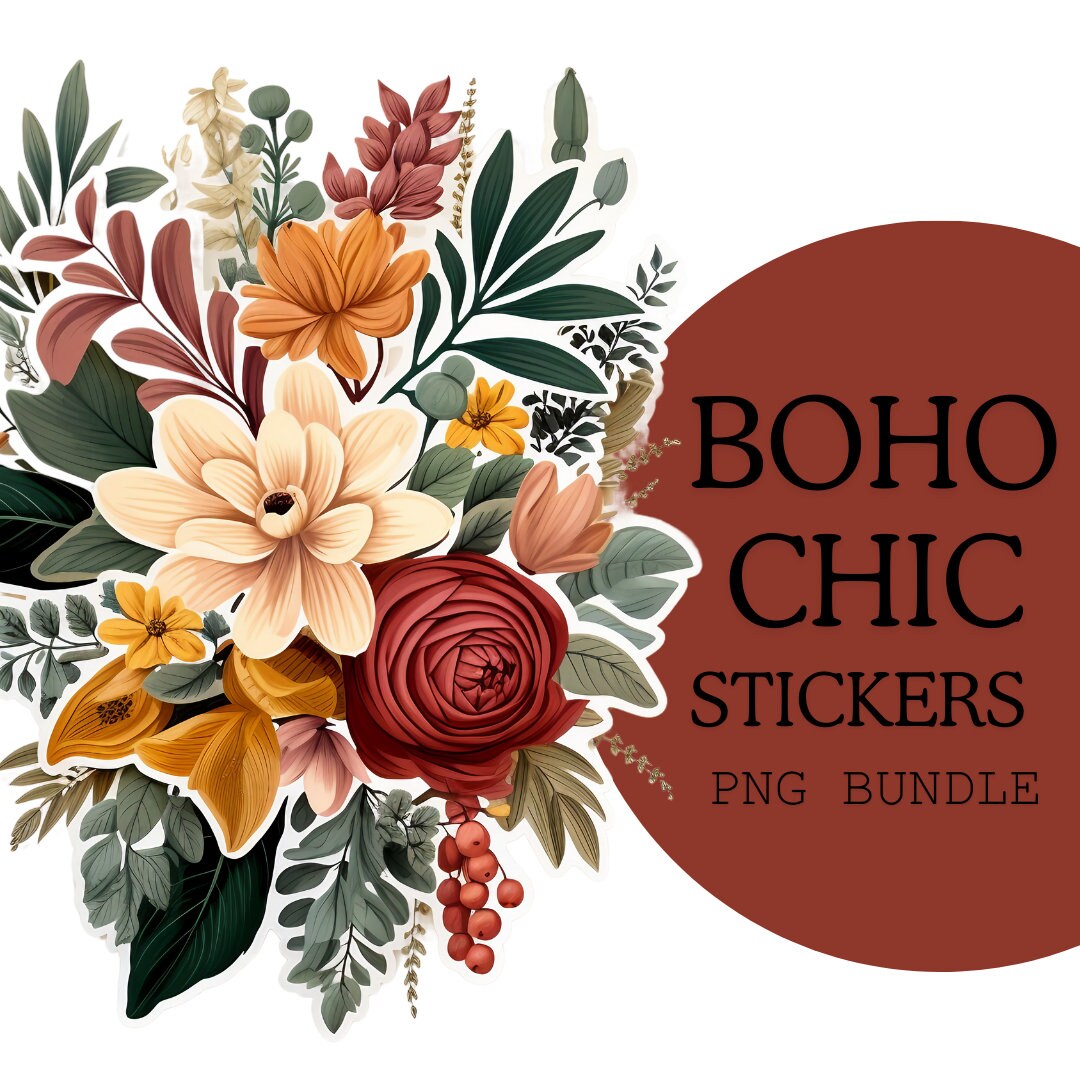 Wildflower Boho STICKERS PNG BUNDLE, Bohemian Style & Digital Download ...
