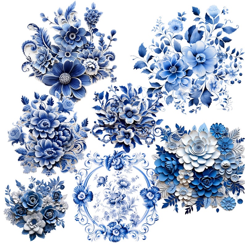 Blue Vintage Floral Clipart PNG Bundle, Digital Download for Crafts ...