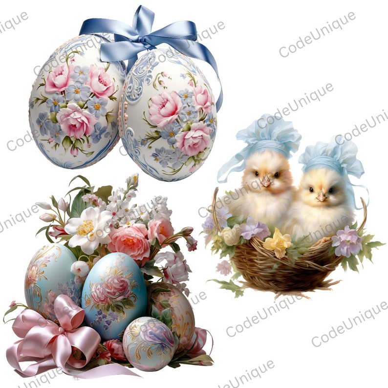 Vintage Easter Clipart: Baby Chick & Spring Eggs PNG (digital Download ...