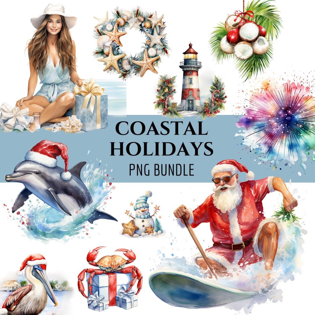 Watercolor Coastal Christmas Clipart: Tropical Holiday PNG Bundle ...