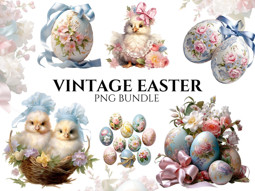 Vintage Easter Clipart: Baby Chick & Spring Eggs PNG (digital Download ...
