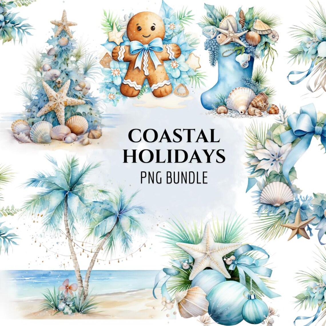 Watercolor Coastal Holidays Clipart Bundle Cozy Winter Clip Art Bundle ...