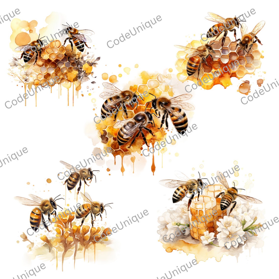 Watercolor Honeybee Clipart PNG Bundle, Pastel Bee Clipart, Honey ...