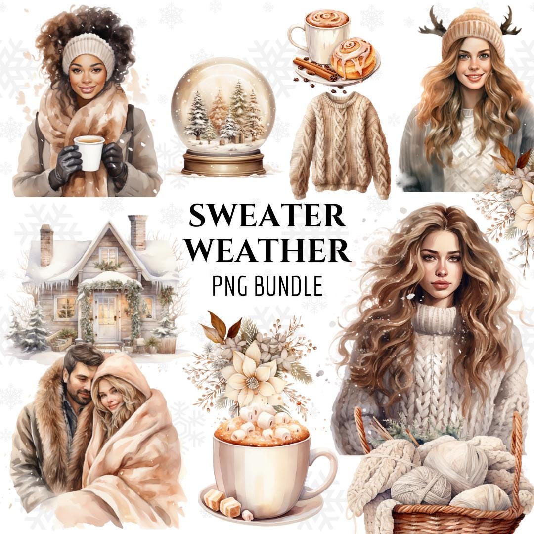 Watercolor Winter Clipart, PNG Bundle, Sweater Weather, Rustic, Digital ...