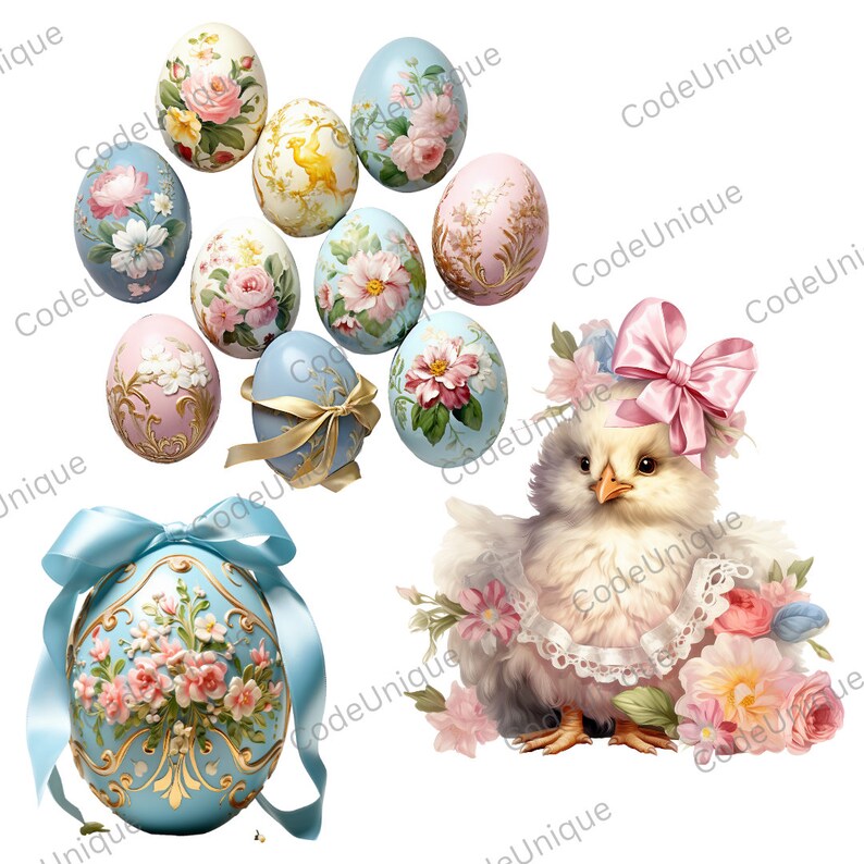 Vintage Easter Clipart: Baby Chick & Spring Eggs PNG (digital Download ...