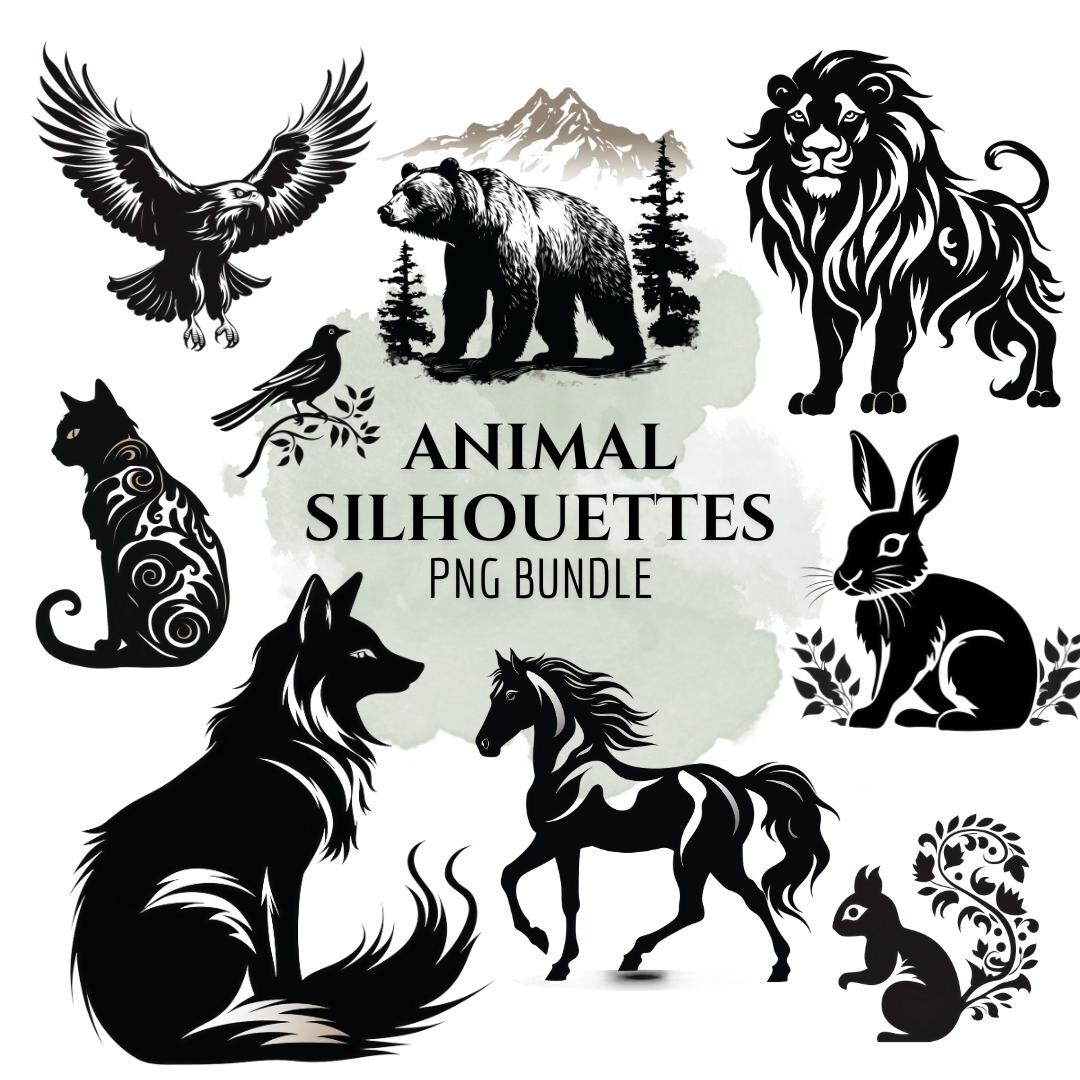 Animal Silhouettes Clipart PNG Bundle - Minimalist Art - Digital ...