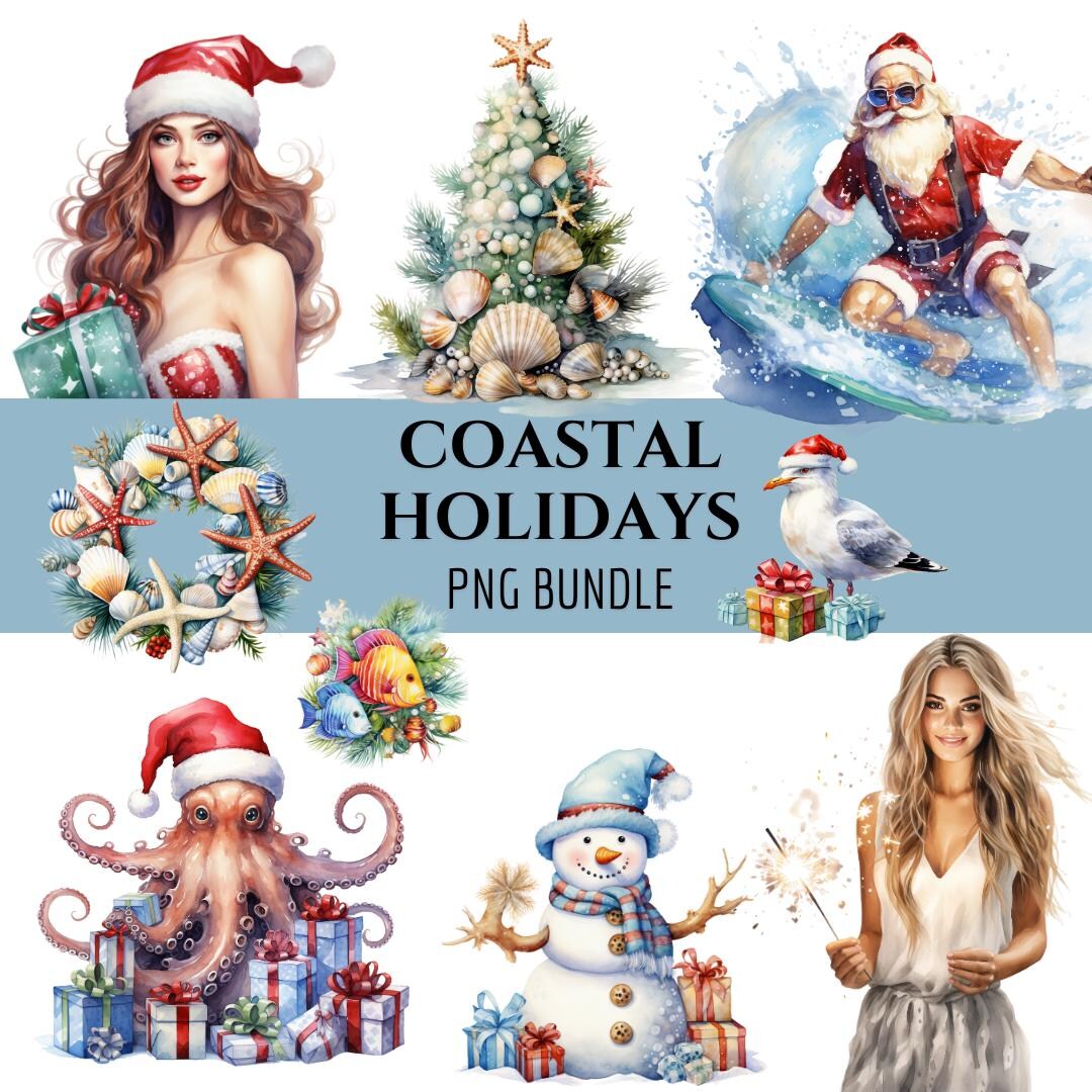 Watercolor Coastal Holidays Clipart Bundle, Tropical, Cozy Winter Clip ...