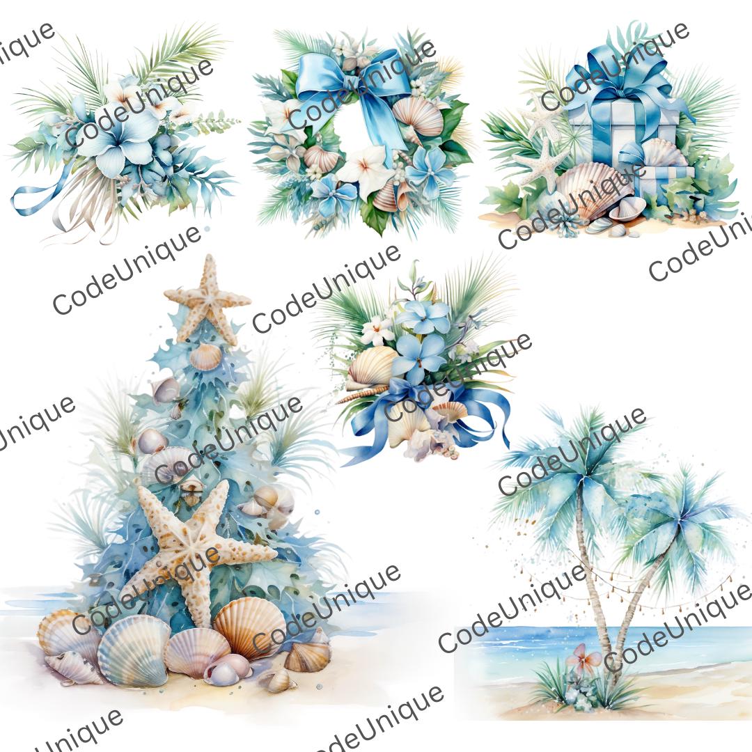 Watercolor Coastal Christmas Clipart Bundle: Ocean Holiday PNG (digital ...