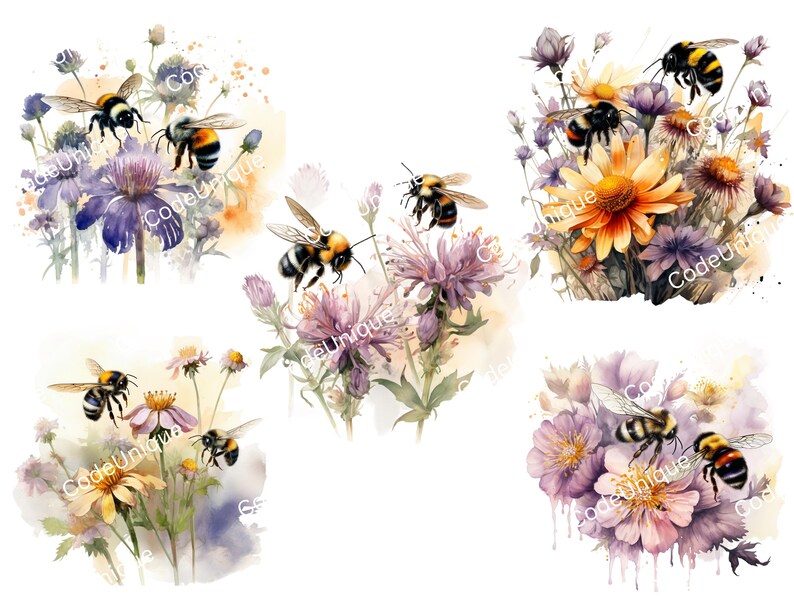 Watercolor Floral Bumble Bee Clipart Bundle, Wildflower Clipart, Pastel ...