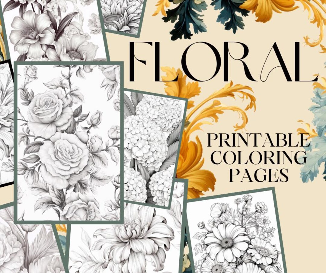 FLORAL Coloring Book, Flower Coloring Pages, 50 Printable Pdf Pages for ...