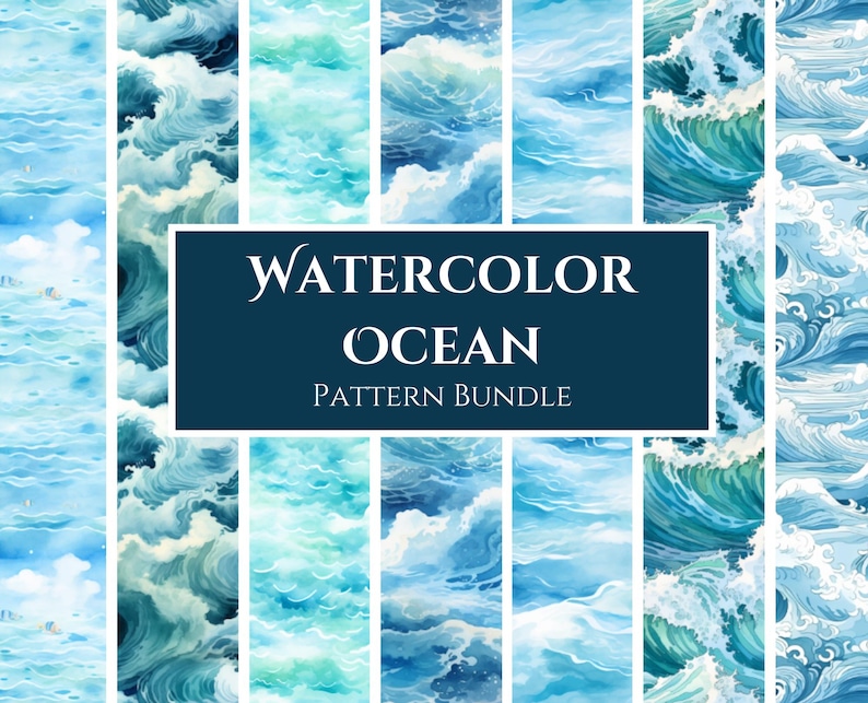 Watercolor Ocean Seamless Patterns, Digital Paper, Ocean Waves ...