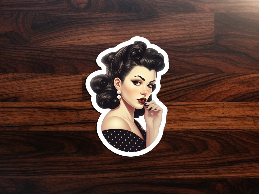 Vintage Charm Pinup Girl Sticker - Stunning Black-haired Beauty in Classic Old-school Style ...