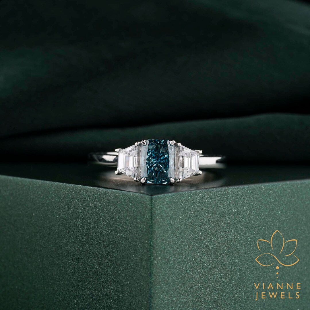 1.29 TCW Fancy Blue Radiant & Trapezoid Cut Lab Grown Diamond Ring in ...