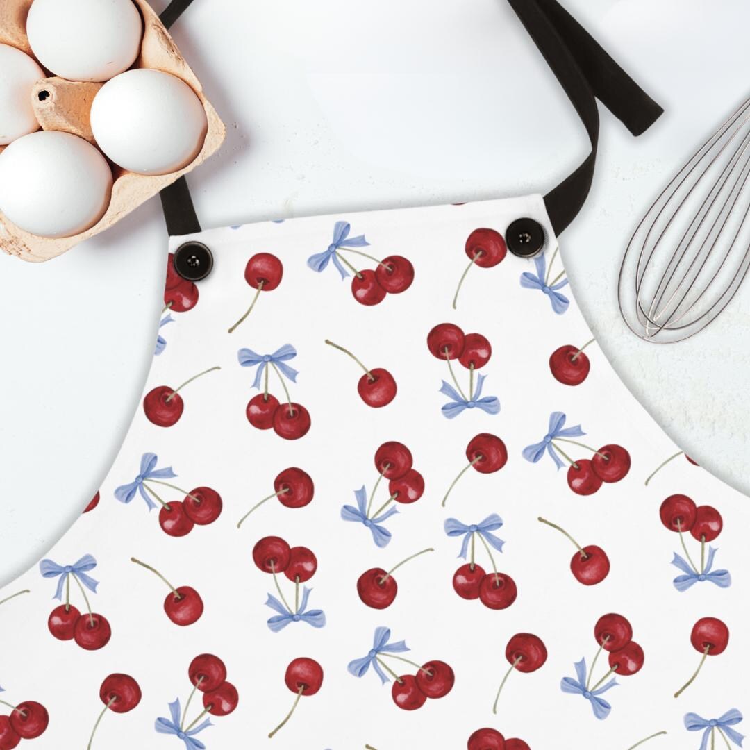 Cherry Apron Coquette Apron Retro Fruit Apron Blue Bows Apron Cherries ...