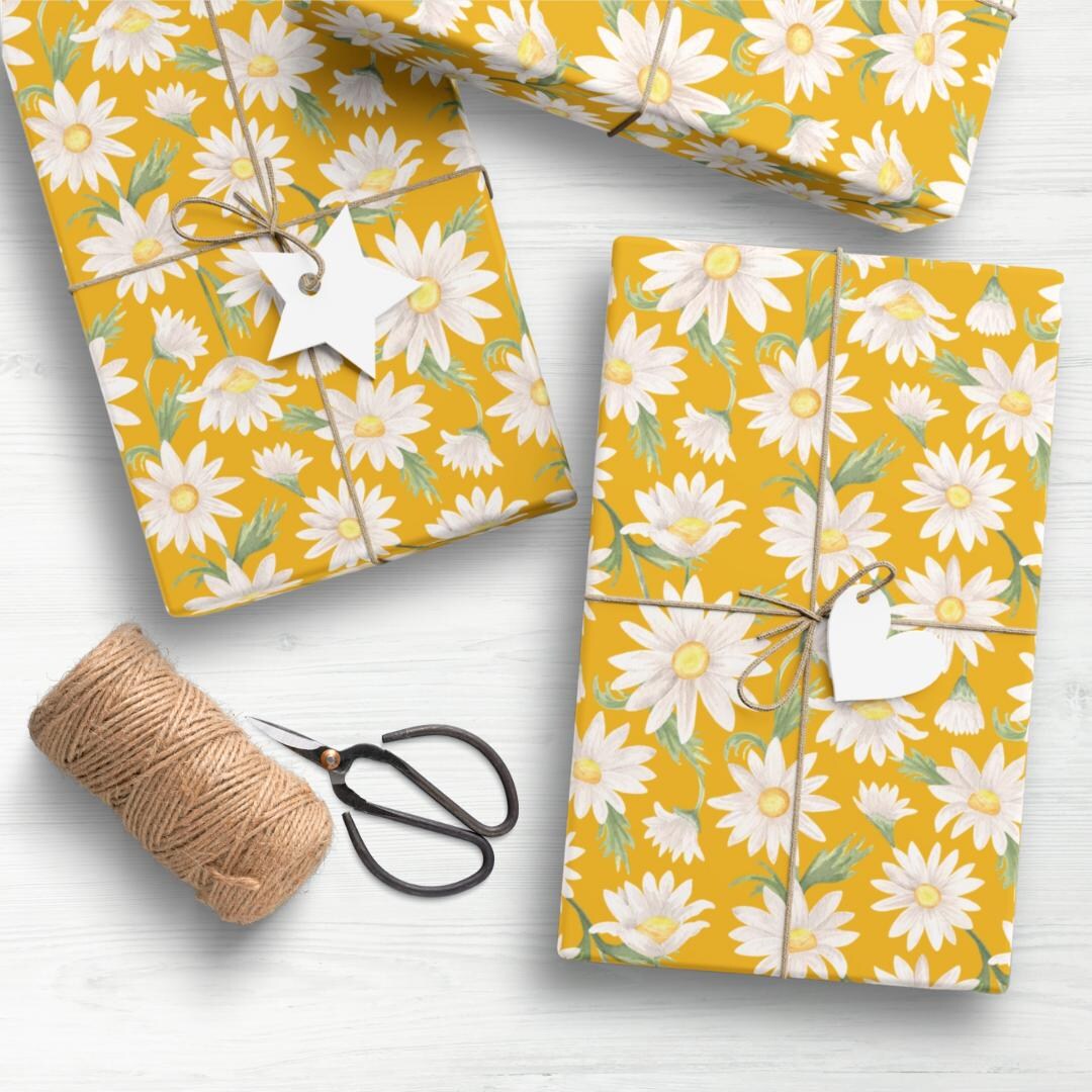 Daisy Wrapping Paper Yellow Floral Wrapping Paper Retro Floral Gift ...