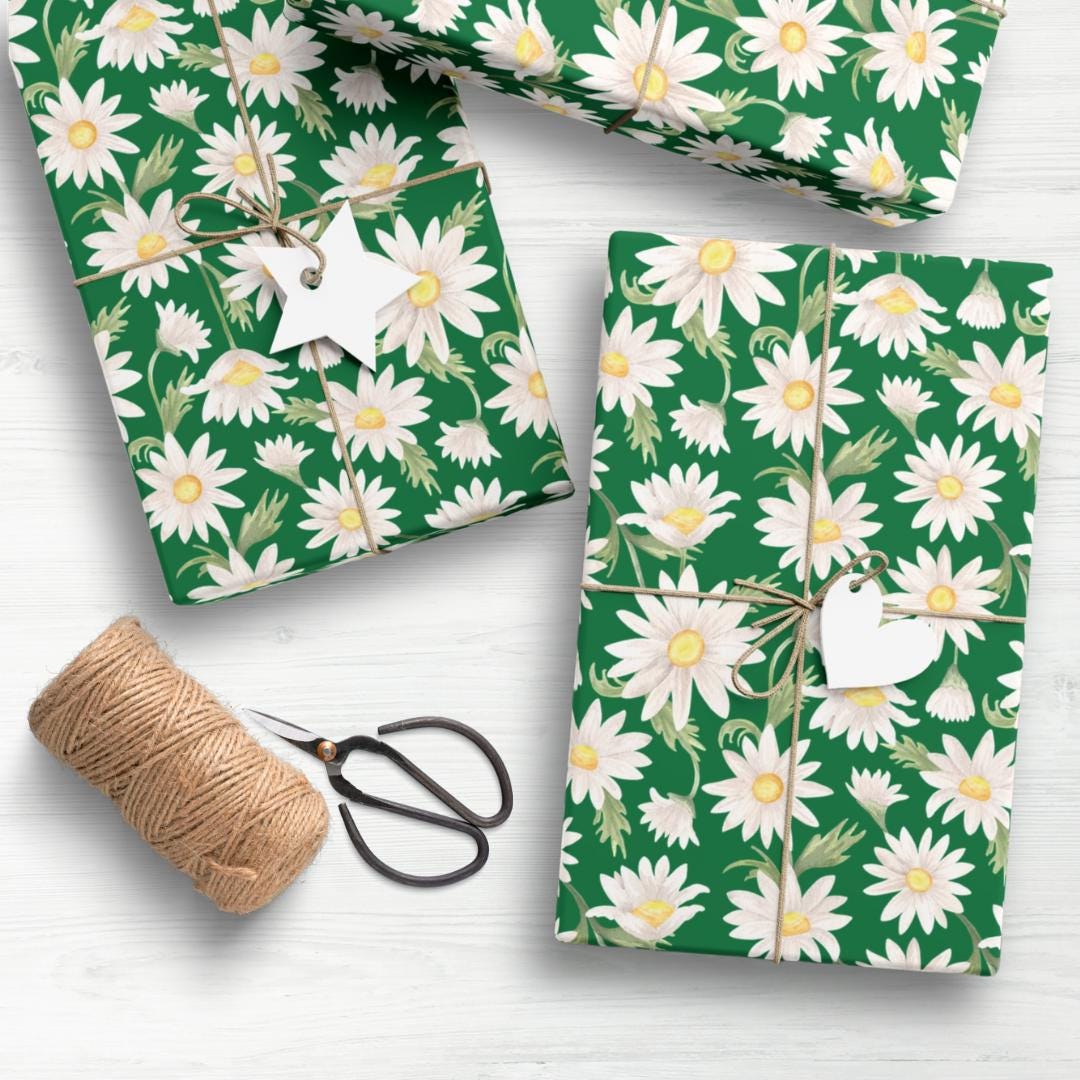 Daisy Wrapping Paper Green Floral Wrapping Paper Retro Floral Gift Wrap ...