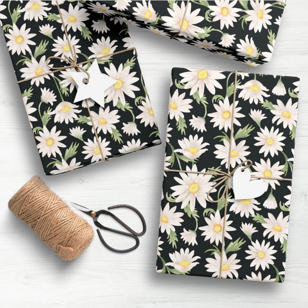 Daisy Wrapping Paper Black Floral Wrapping Paper Retro Floral Gift Wrap ...