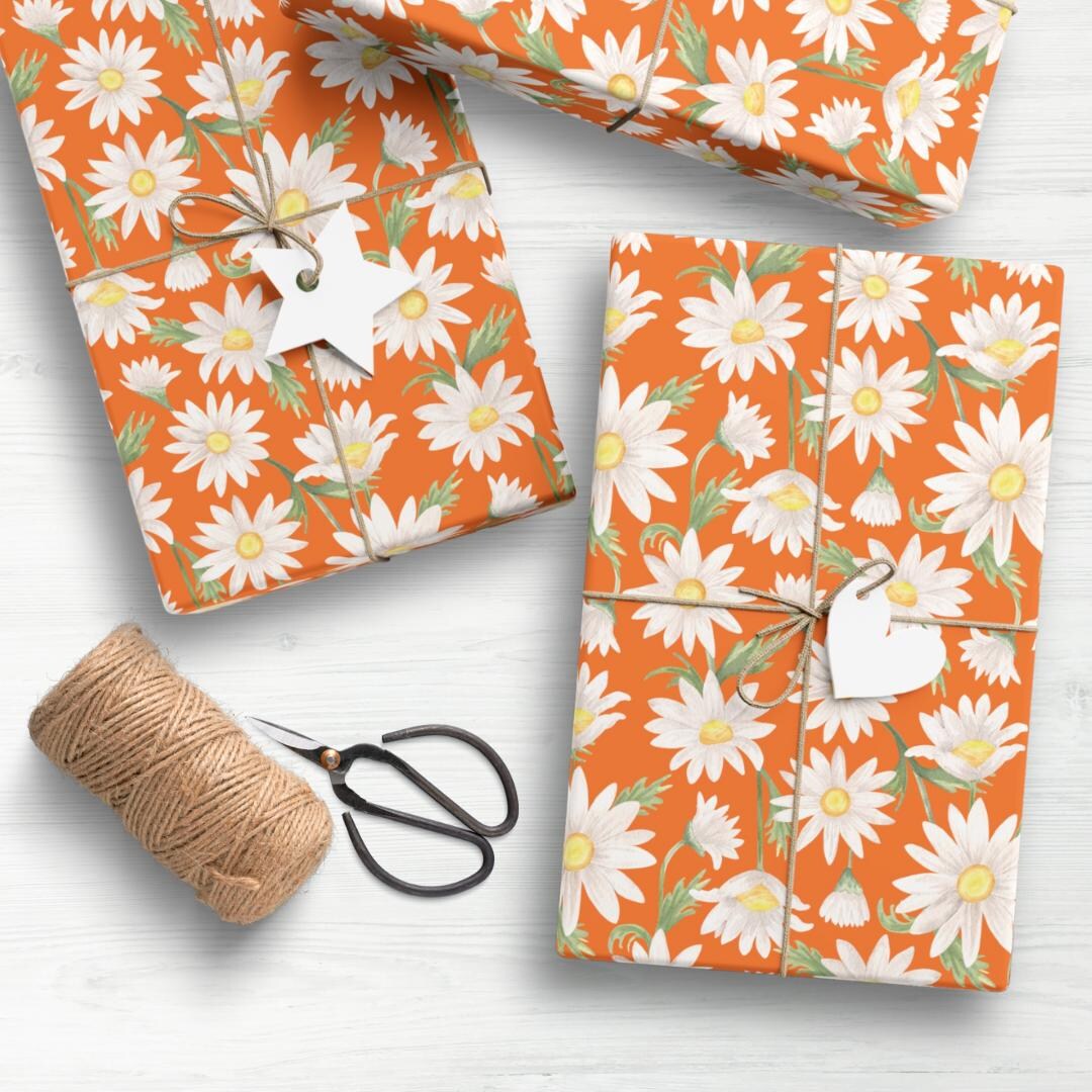Daisy Wrapping Paper Orange Floral Wrapping Paper Retro Floral Gift ...