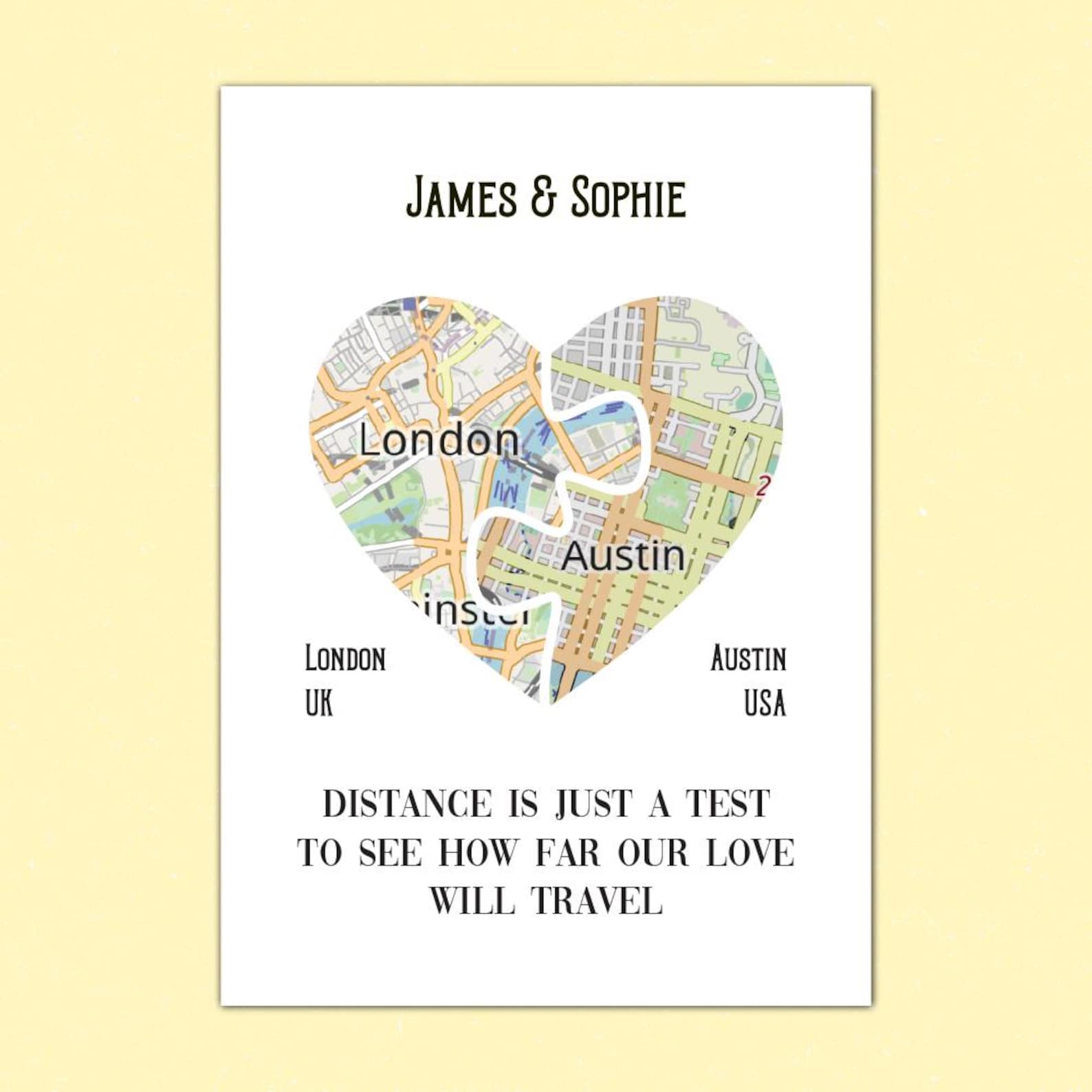 Custom Long Distance Relationship Map Print Personalized Puzzle Heart Map With Names & Locations ...