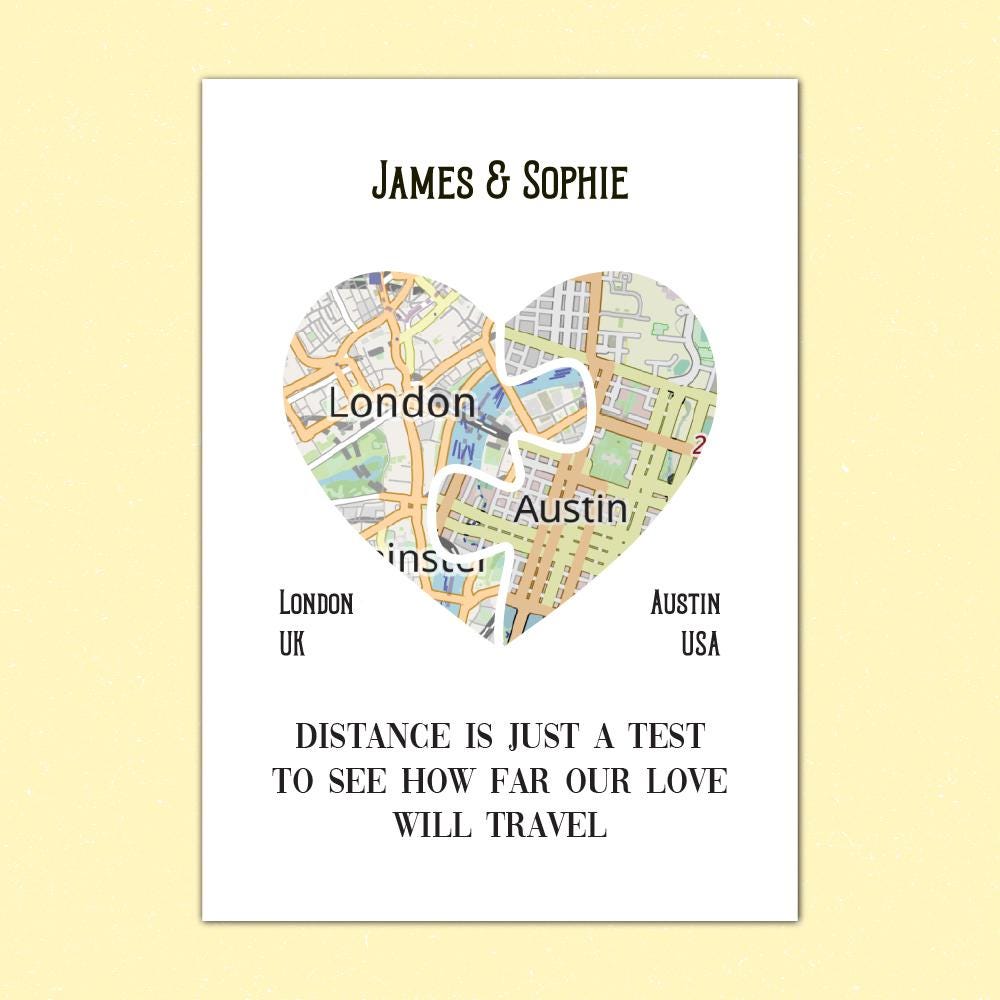 Custom Long Distance Relationship Map Print Personalized Puzzle Heart ...