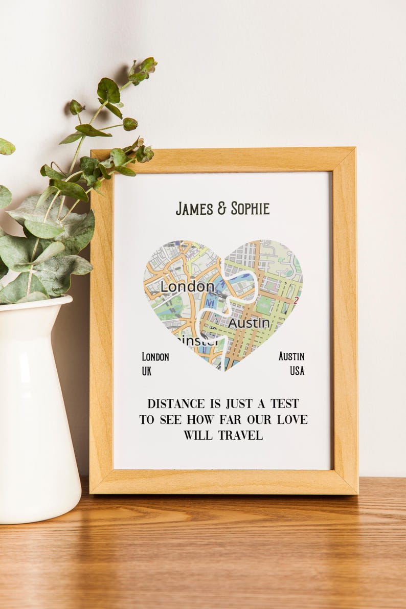 Custom Long Distance Relationship Map Print Personalized Puzzle Heart ...