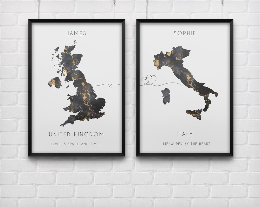 Set of Two Personalised Couples Map Art Custom Any Two Country ...