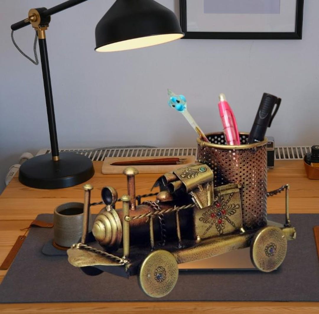 Vintage Train Pen Holder: Metal Art Desk Organizer, Rustic Office Decor ...