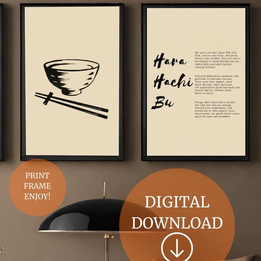 Hara Hachi Bu Minimalist Kitchen Wall Art Set – Japandi Kraft Poster ...