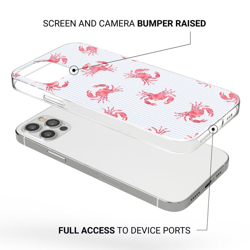 Cute Crab Phone Case Resort Stripe Cover for iPhone 16, 15, 14, 13, 12 ...
